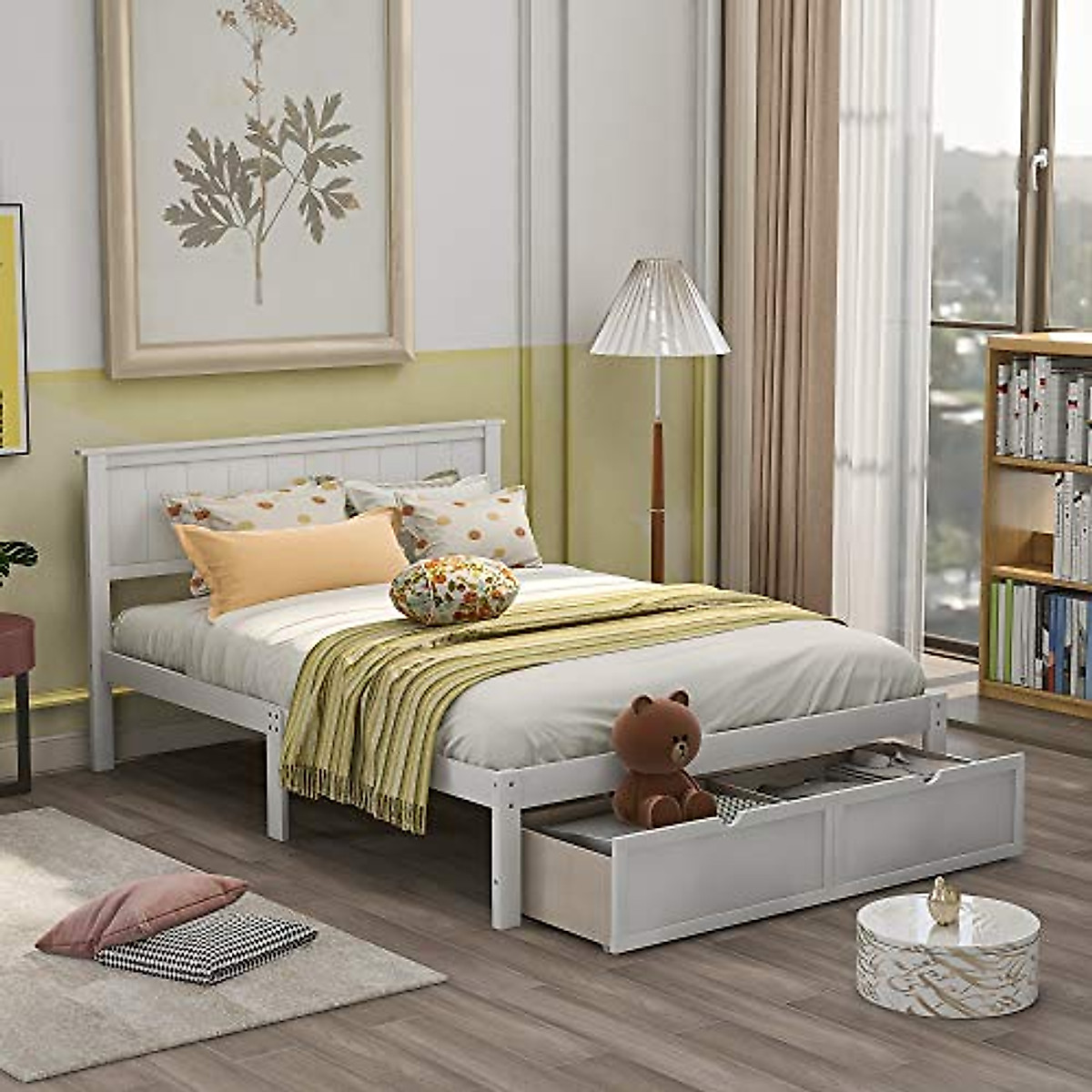 Modern Solid Wooden Platform Bed with Large Drawer Low Bed Frame with Headboard, No Box Spring Needed/Easy Assembly, Full White