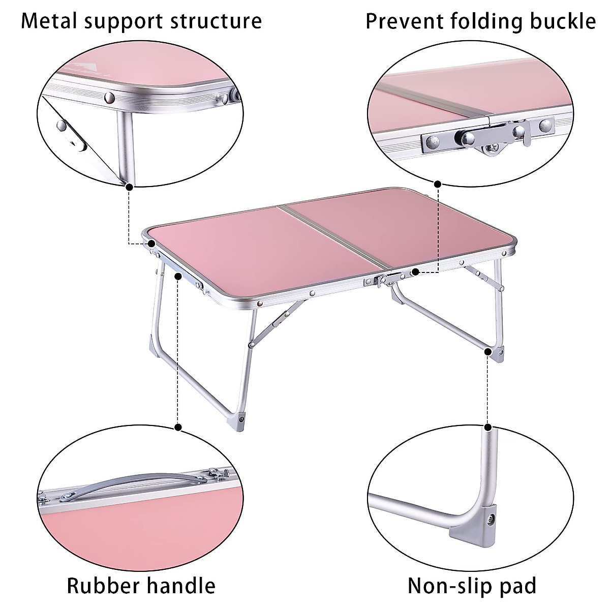 Foldable Laptop and Bed Table with Storage, Portable Mini Lap Desk for Legs, Ideal for Study, Reading, Picnic, Breakfast,and More (Pink)
