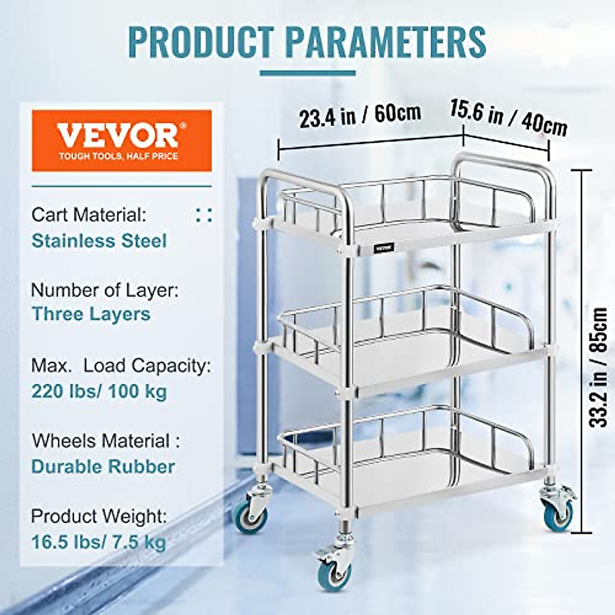 VEVOR Shelf Stainless Steel Utility Cart Catering Cart with Wheels Medical Dental Lab Cart Rolling Cart Commercial Wheel Dolly Restaurant Dinging Utility Services (3 Shelves)