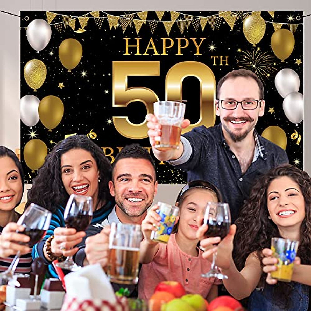 50th Birthday Decorations Backdrop Banner, Black Gold Happy 50th Birthday Decorations for Men Women, 50 Years Old Birthday Party Photo Booth Props, 50 Birthday Sign for Outdoor Indoor, Fabric Vicycaty