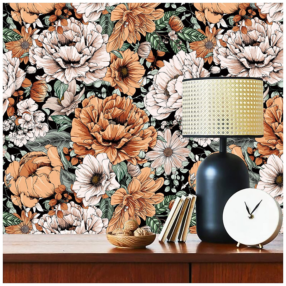 HAOKHOME Vintage Peel and Stick Floral Wallpaper Removable Large Peony Black/Orange/Pink Vinyl Self Adhesive Mural 17.7in x 6.5ft