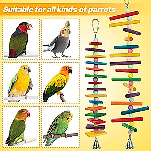 MEWTOGO 2Pcs Bird Toys, Parrots Toys with Bells and Plastic Beads, Colourful Natural Wooden Blocks in 2 Shapes for Cockatoos Cockatiel African Grey Macaws and Amazon Parrots