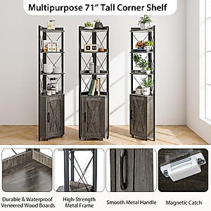 Tangkula Tall Corner Storage Cabinet, 71” Industrial 6 Tier Storage Shelf w/Door Cabinet, Corner Bookshelf Plant Stand, X-Shaped Metal Frame Standing Cabinet for Living Room, Small Spaces (Grey)