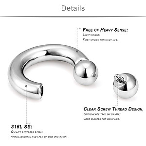 SCERRING 2PCS 2G PA Ring Internally Threaded Circular Barbells Horseshoe Monster Screwball Rings 316L Surgical Steel Pierced Body Jewelry Inner Diameter 12mm 16mm