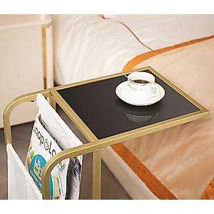 HAWOO Rectangle Nightstand, C Shaped End Snack Side Table Slide Under Couch with Glass Top and Storage for Sofa Coffee Laptop Living Room Bedroom Small Space, 18.5" L x 12" W x 24" H