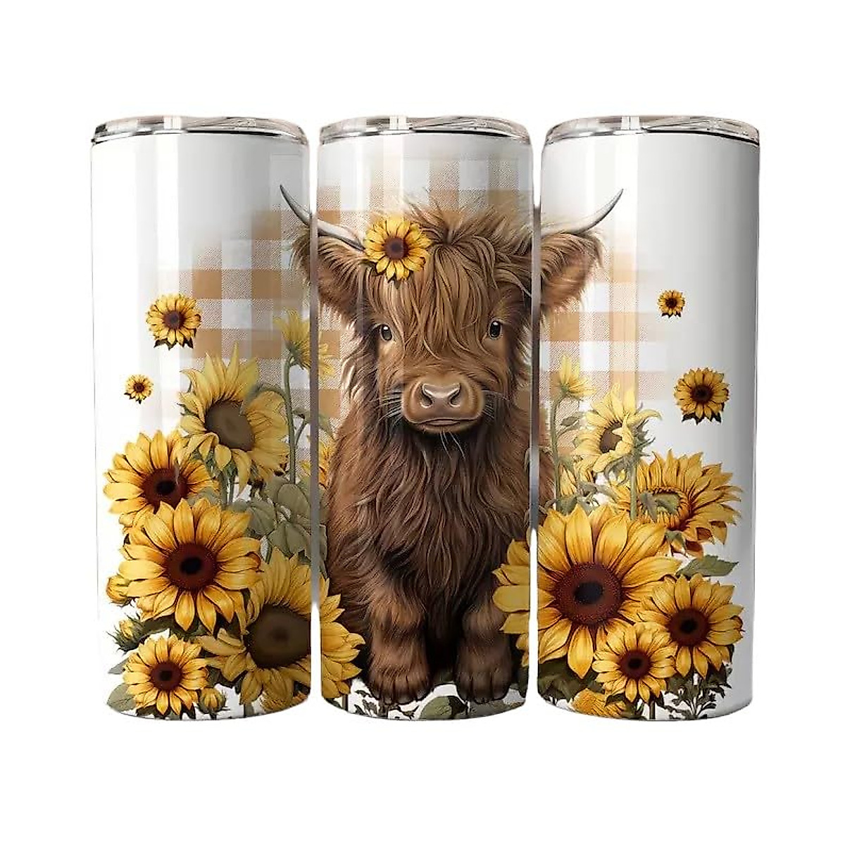 Highland Cow Sunflower Plaid Tumbler Sublimation Wrap - Ready to Press Transfer - Cows, 20 oz Straight Tumbler, Tumbler Transfer, Farm