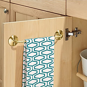 mDesign Metal Self Adhesive Towel Rack Hanger - Easy Mount Towel Bar - Stick On Towel Rod for Kitchen Walls, Cabinets, Door, or Mirrors - Use for Hand, Dish, Tea Towels - Omni Collection - Soft Brass
