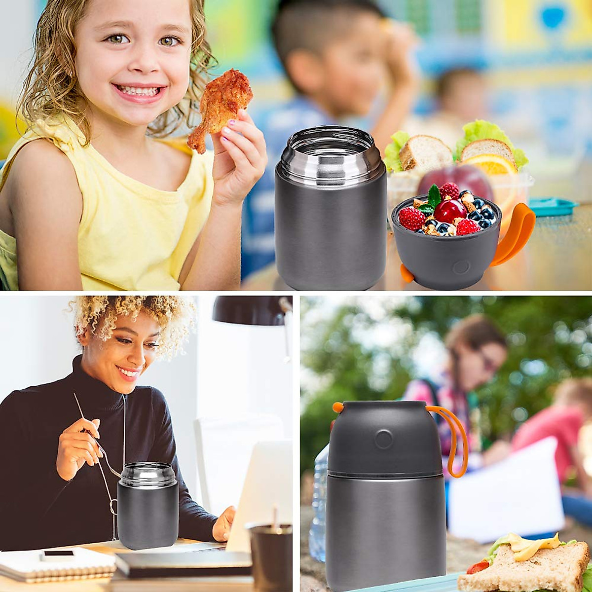 MAXSO 2 Pack Vacuum Insulated Food Jar Hot Food Containers for Lunch School Soup Thermos For Kids,Travel Food Flask Hot Cold (24oz,17oz) (Grey)