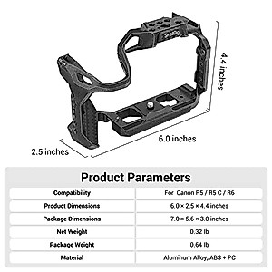 SmallRig R5 / R5 C / R6 Cage for Canon R5 / R5 C / R6 Mirrorless Camera, Aluminum Alloy Cage w/Streamlined Structure for Canon R5 R6 R5 C Camera 3233