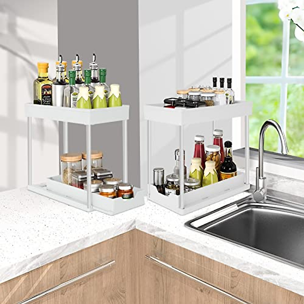 Royacon Under Sink Organizer, Sliding Under Bathroom Cabinet Storage Drawer Organizer with Hooks, Hanging Cup 1PACK