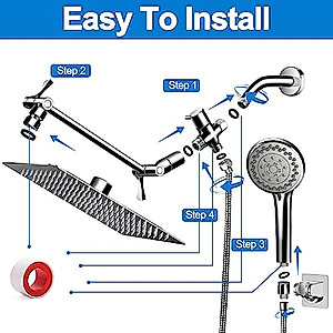 Yododo Modern 5-Setting Shower Head Combo, 10 Inch High Pressure Rain Shower Head with 11 Inch Adjustable Extension Arm, Chrome