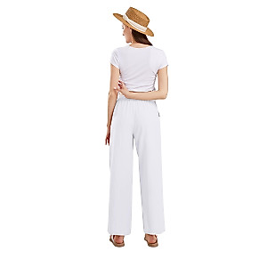 CHARTOU Women's Summer Drawstring Waist Wide Leg Loose Cotton Linen Palazzo Pants (X-Large, White)