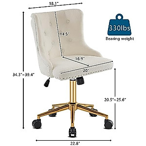 VINGLI White Teddy Fleece Armless Office Desk Chair with Gold Base/Wheels, Cute Vanity/Makeup Chair with Back for Bedroom, Upholstered Adjustable Rolling Swivel Nail Chair for Women/Girls