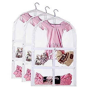 3 Packs Clear Kids Dance Costume Garment Bags,Garment Bag 35 Inch for Dance Competitions,Foldable Travel Storage Cover Bag with 3 Zipper Pockets