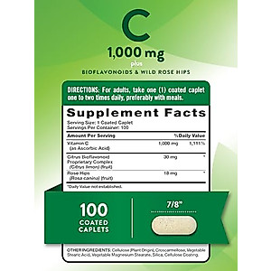 Vitamin C Bioflavonoids & Rose Hips | 1000mg | 100 Caplets | Vegetarian, Non-GMO, Gluten Free | by Nature's Truth