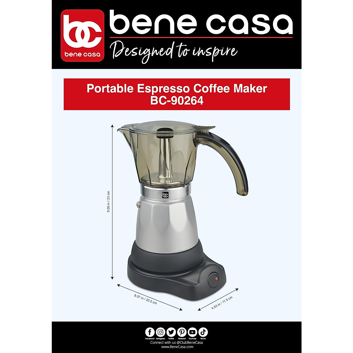 Bene Casa Espresso Coffe Maker, 6 Cup,Electric Maker Portable Cafetera Electrica| Trasparent Carefa, De 6 Tasas, Para Cafe' Espresso,Baso Trasparente.