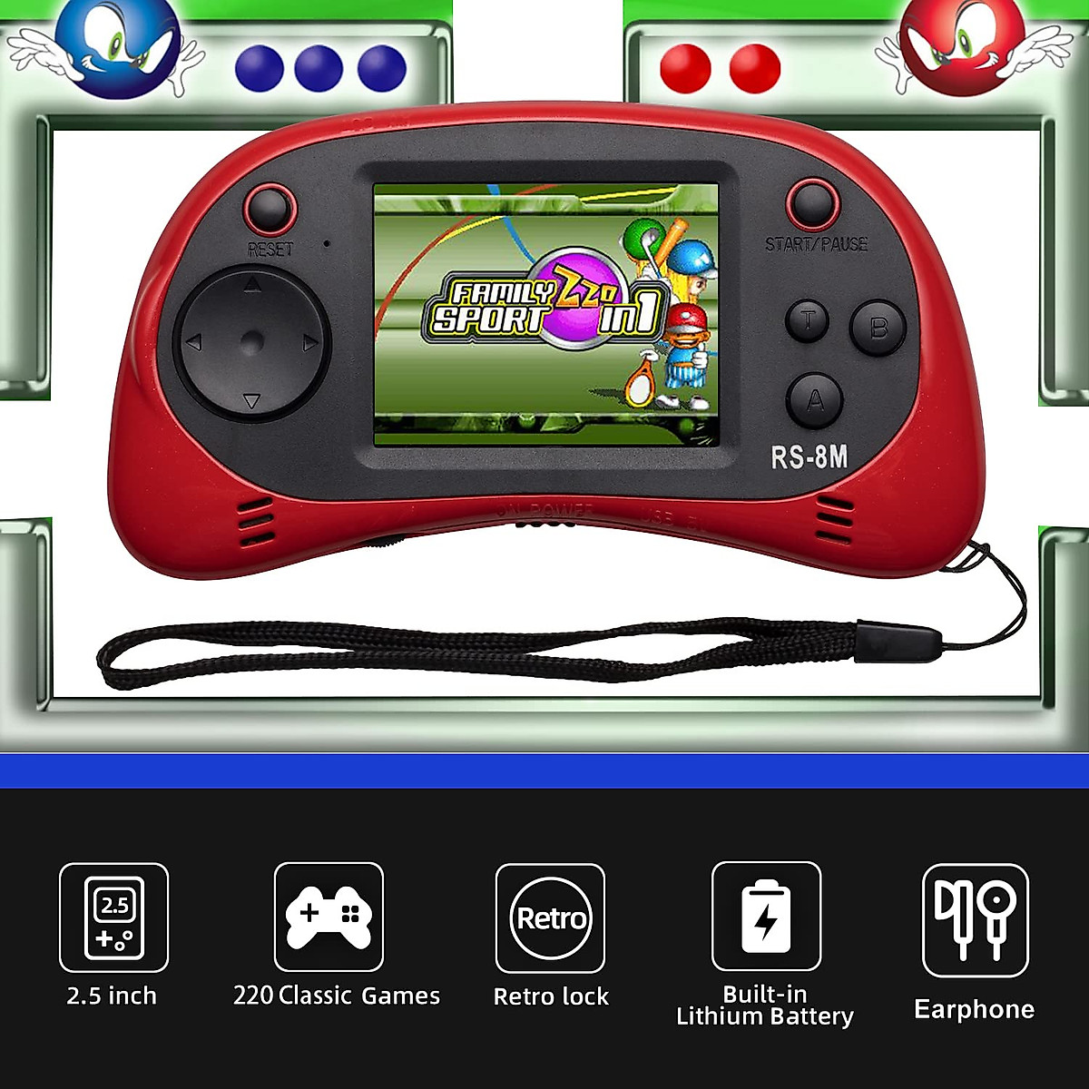 Kids Handheld Games 16 Bit Retro Video Games Console with 220 HD Electronic Games - 2.5'' LCD Portable Travel Games Entertainment Gifts for Boys Girls Ages 4-12 (Classic Red)