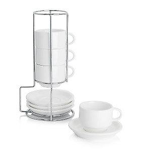 Sweese 2.5 Ounce Porcelain Stackable Espresso Cups with Saucers and Metal Stand Set of 4, White