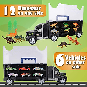 YIMORE Dinosaur Truck Toy Car Transporter Carrier Set Include Dinosaur Figures & Egg Mini Racing Car with Play Mat, Road Signs for Children 37PCS