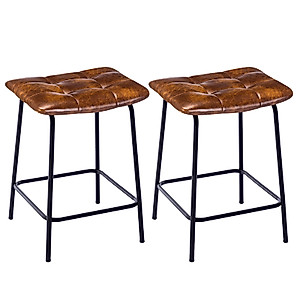 DUHOME 24” Square Tufted Counter Bar Stools Set of 2, Breathable Faux Leather Upholstered Barstool with Footrest, Backless Stool for Kitchen Counter Island Bar, YellowishBrown