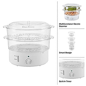 Classic Cuisine Food Steamer and Rice Cooker in one, Two-Tier Food Steamer for Healthy Meals anytime, cooks Vegetables, Fish, Dumplings, Eggs and more, 6.3 QT, Clear