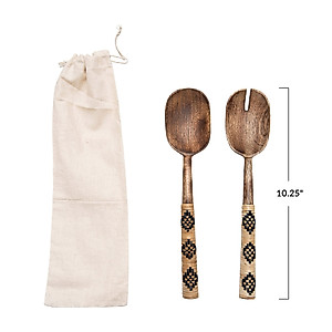 Creative Co-Op Mango Wood Salad Servers with Patterned Rattan-Wrapped Handles Serveware, Set of 2, Natural