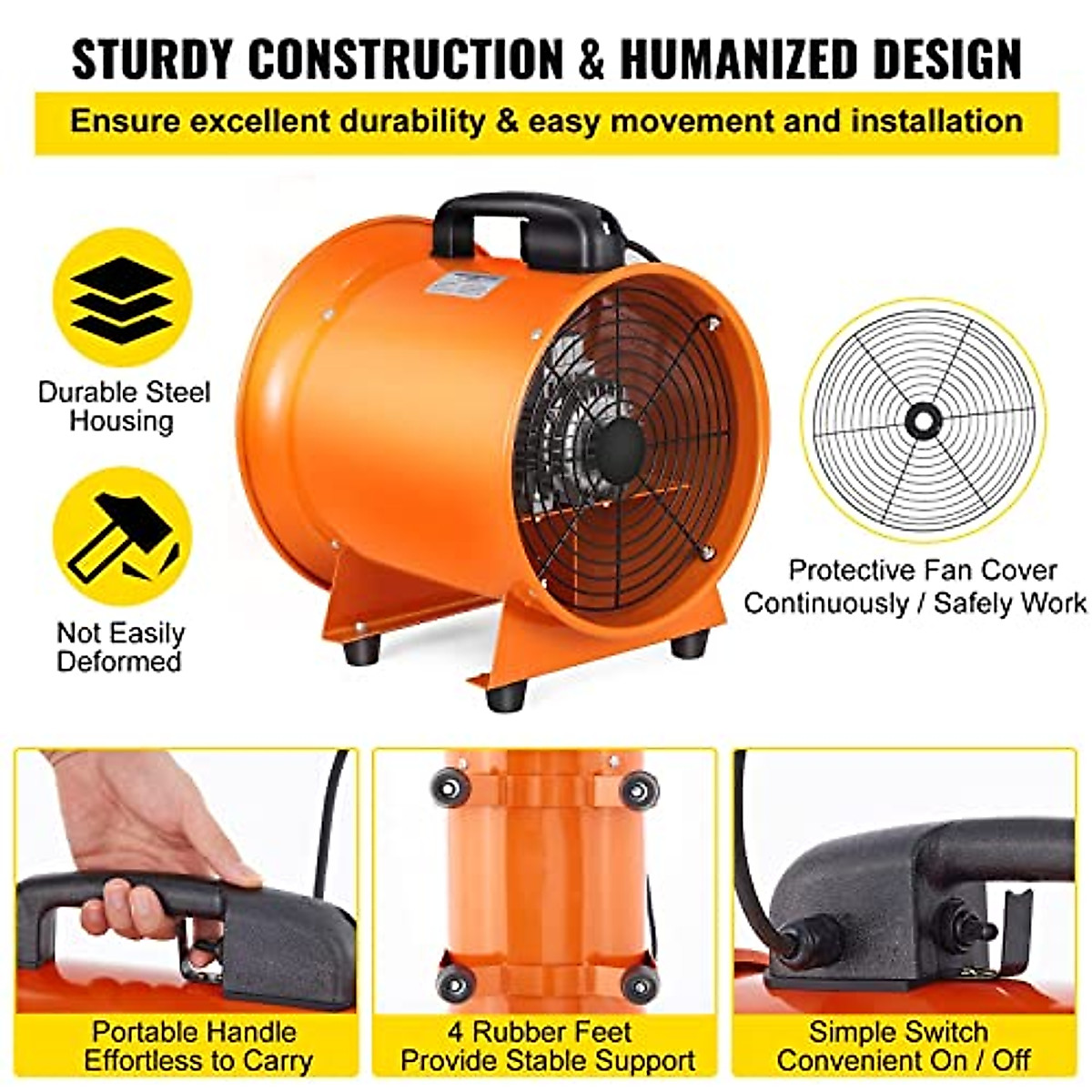 VEVOR Utility Blower/Exhaust Axial Hose Fan, 12 Inches, 3900 m3/h High Velocity Portable Ventilator, Low Noise Extractor Fan Blower with 16 ft / 5 m Duct Hose