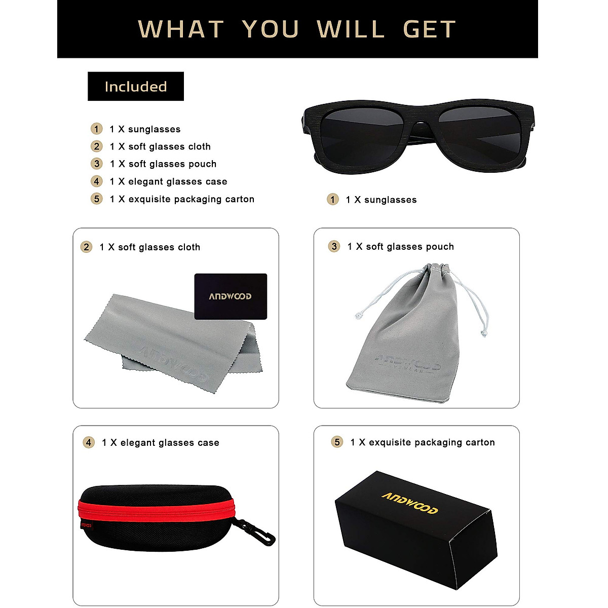 ANDWOOD Bamboo Sunglasses Floating for Men Women Wood Sunglass Wooden Frame Polarized Vintage Black Handmade