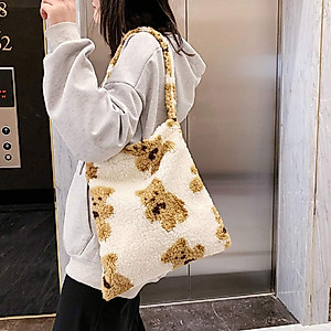 Plush Bear Bags For Women, Girls Tote Fluffy Plush Shoulder Bags Faux Fur Clutch Purses (White)