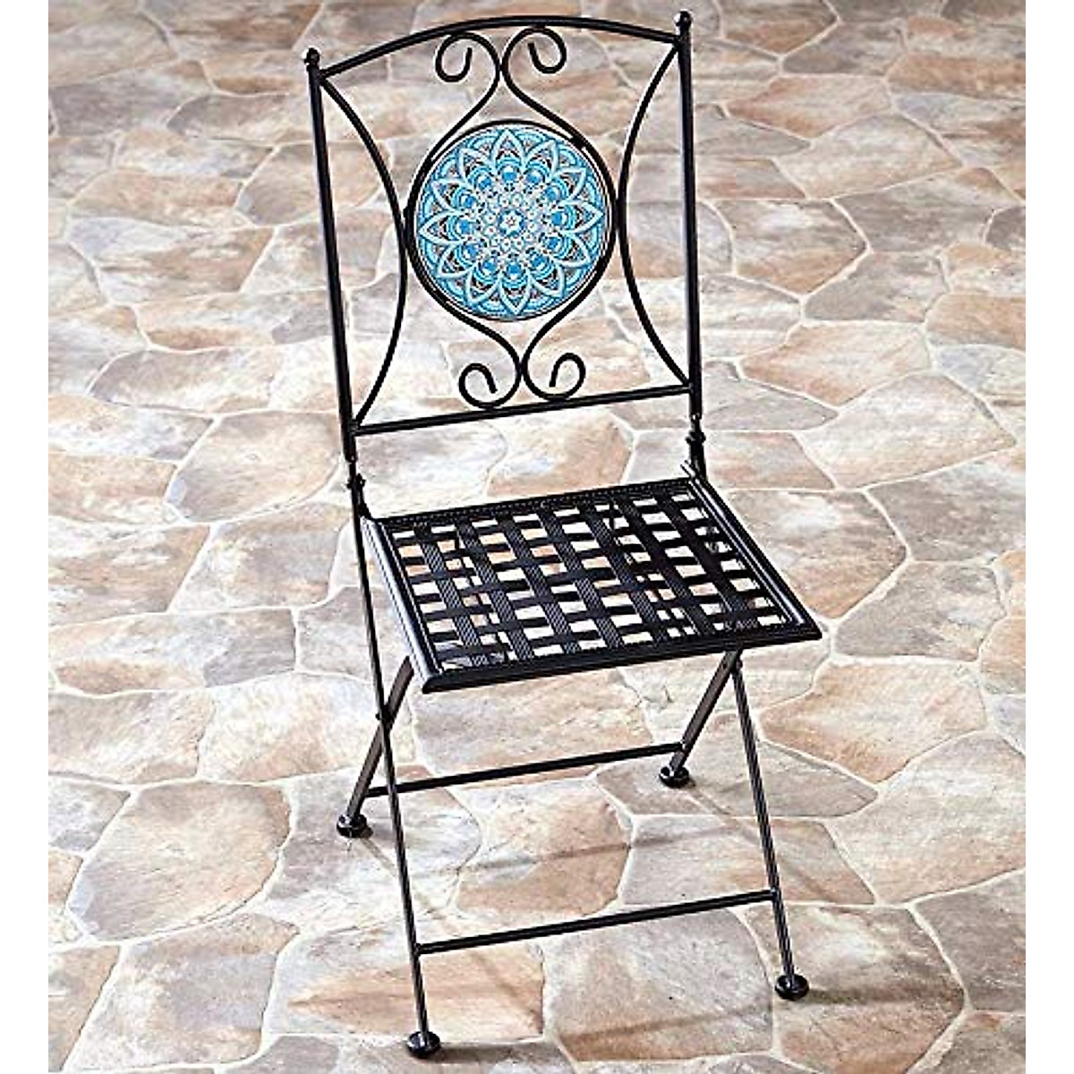 The Lakeside Collection Metal Folding Patio Chair with Decorative Tile Mosaic - Black