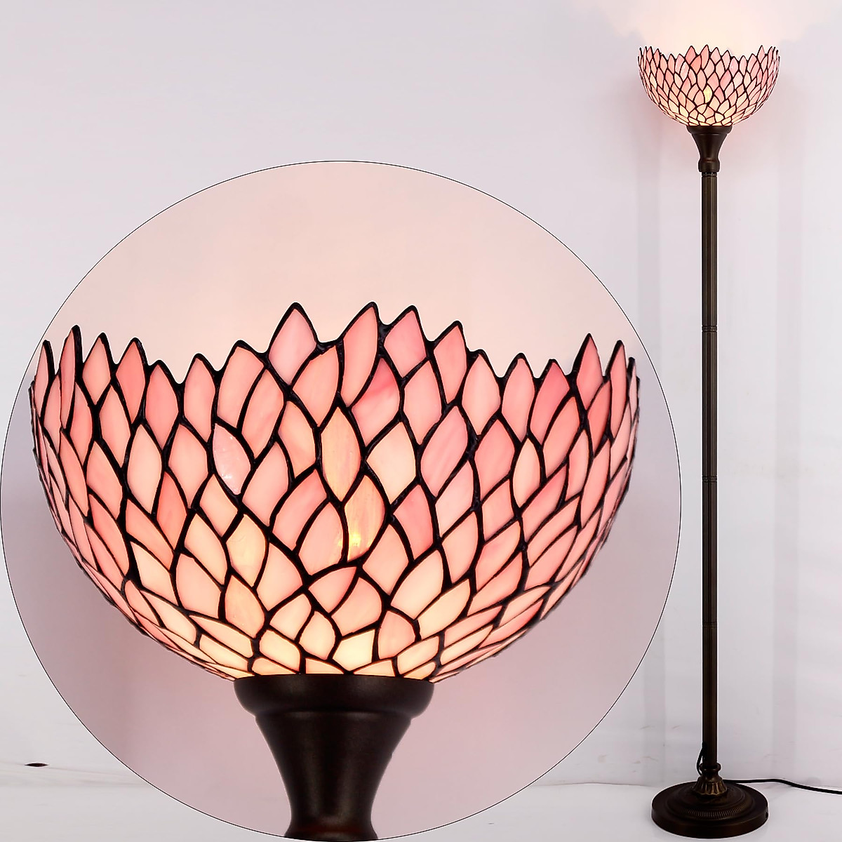WERFACTORY Tiffany Floor Lamp Pink Stained Glass Wisteria Light 12X12X66 Inches Pole Torchiere Standing Corner Torch Uplight Decor Bedroom Living Room Home Office S523P Series