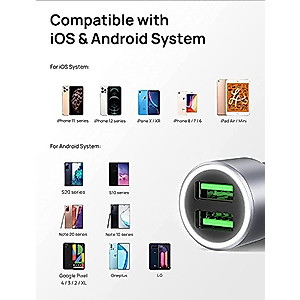 Car Charger, Car USB Charger 36W Fast Charging, JSAUX Metal Dual QC 3.0 Car Adapter with USB-C Cable[3.3ft] Compatible with Samsung Galaxy S10/S9/S8 Plus, Note 9/8, iPhone 7/8/X/XR-Grey