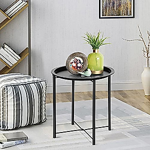 VECELO Side/End Table, Folding Round Metal Anti-Rust and Waterproof Outdoor or Indoor Tray for Living Room Bedroom Balcony and Office, 2 PCS, Black