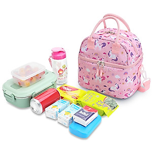 LUREMADE 2 Compartment Lunch Bag Kids, Insulated Lunch Box for Girls Boys Toddler Daycare School, Large Lunch Tote Bag for Kids with Shoulder Strap (Magic Unicorns)