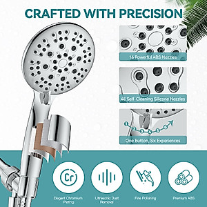 JDO Shower Head with Handheld, 6 Spray Settings High Pressure Hand Held Shower Head, 4.3" High Flow Rain Showerhead Set with Extra Long 59" Stainless Steel Hose and Adjustable Bracket (Chrome)
