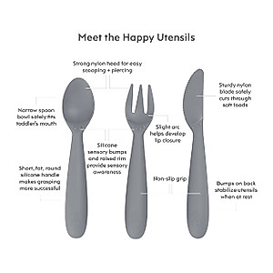 ezpz Happy Utensils - 100% BPA Free Fork, Spoon & Knife for Toddlers + Preschoolers + Self-Feeding - Designed by a Pediatric Feeding Specialist - 24 Months+ (Gray)