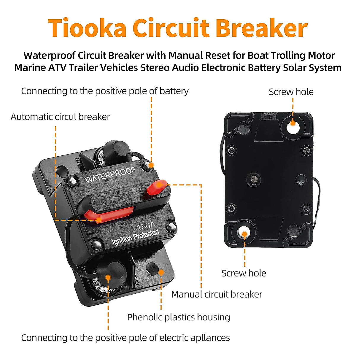 Tiooka 150 Amp Circuit Breaker 12V-48V 3 Pack with Manual Reset for Boat Trolling Motor Marine ATV Trailer Vehicles Stereo Audio Electronic Battery Solar System Waterproof Circuit Breaker