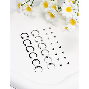 Ovxznts 16G Surgical Steel Septum Rings Nose Septum Horseshoe Hoop Lip Smiley Piercing Jewelry Eyebrow Ring Daith Earrings Replacement Ball and Spikes Set