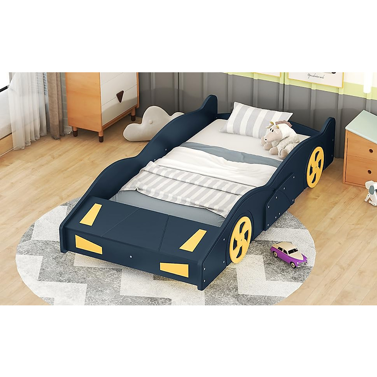 Twin Size Race Car-Shaped Platform Bed Frame for Boys Girls Kids Adults Toddler with Wheels and Storage, Dark Blue+Yellow
