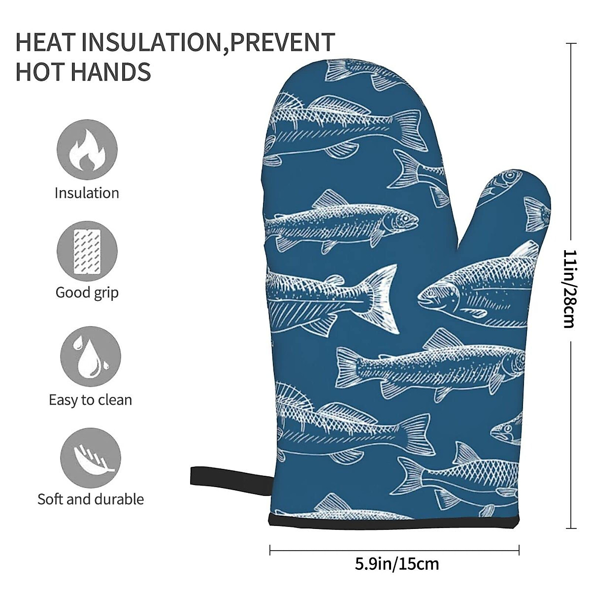 Ocean Fishes Print Oven Mitts Sets,Kitchen Oven Glove High Heat Resistant 500 Degree Oven Mitts and Pot Holder,Surface Safe for Baking, Cooking, BBQ,Pack of 2
