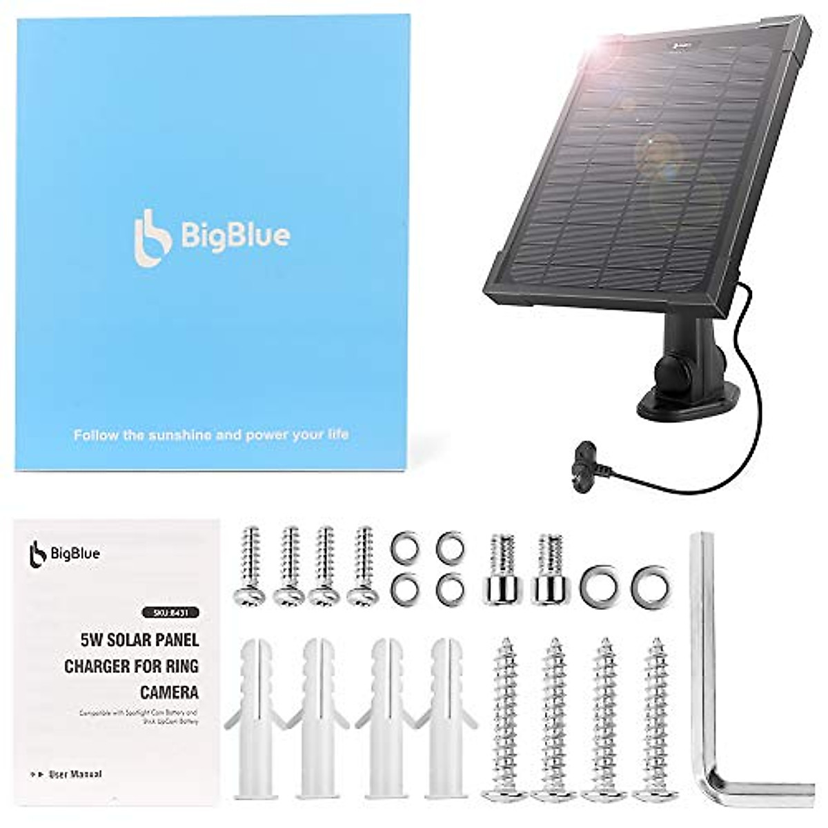 BigBlue Ring Solar Panel, 5W Solar Panel Compatible with Ring Spotlight Cam Battery and Ring Stick Up Cam Battery, Monocrystalline Silicon Solar Trickle Charger for Ring Cameras, 5V/1A, Black