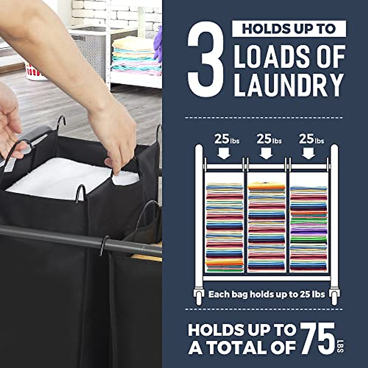 STO STO Laundry Sorter 3 Section, 3 Bag Laundry Hamper, Rolling Laundry Cart, Laundry Basket with Heavy Duty Lockable Wheels and Removable Bag for Clothes Storage, Black