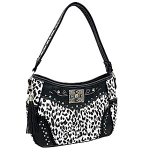 Leopard Animal Print Concealed Carry Feather Concho Country Vintage Western Handbag Hobo Purse (Leopard Black)