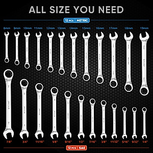 TICONN 24PCS Ratcheting Wrench Set with Organizer Rack, Professional Slim Profile Mechanic Cr-V Ratchet (12PCS Inch (SAE) & 12PCS mm (Metric))