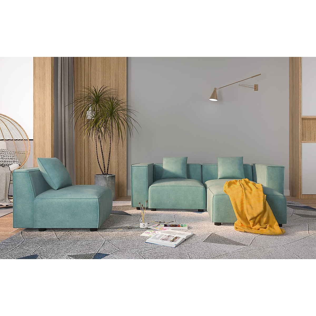 LLappuil Modern Modular Sectional Living Room Sofa Set, Low Back Minimalist Style Couch, Soft Fabric 6 Seater Oversized 138.4" U Shape Sofa, Aqua Blue