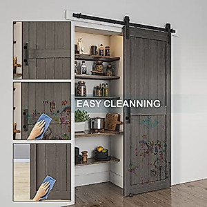 ALAMEDADT 30''x84'' Sliding Barn Door with 5 Ft Barn Door Hardware Kit& Handle& Floor Guides,Pre-Drilled Holes Easy Assembly - Include Installation Manual, Water-Proof PVC Surface, H-Frame, Grey