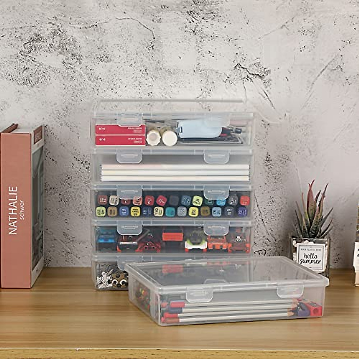 BTSKY Clear Plastic Storage Box with Flap Lid, Multipurpose Craft Organizers and Storage Box Art Supply Storage Organizer Plastic Sewing Box for Beads Pencils Notebooks, 6 Pack Small