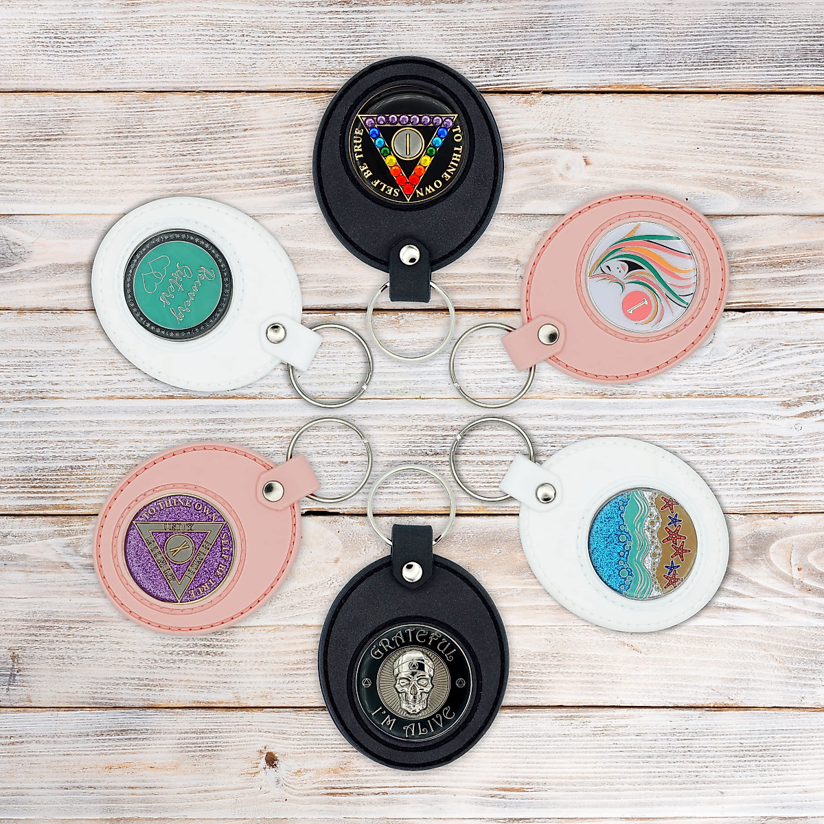 AA Coin Holder Keychain | Displays Both Sides of Sobriety Chips, Medallions, Recovery Coins, and Tokens | Also Fits Apple Airtag | Waterproof Scratchproof Soft Silicone Key Ring (Black)