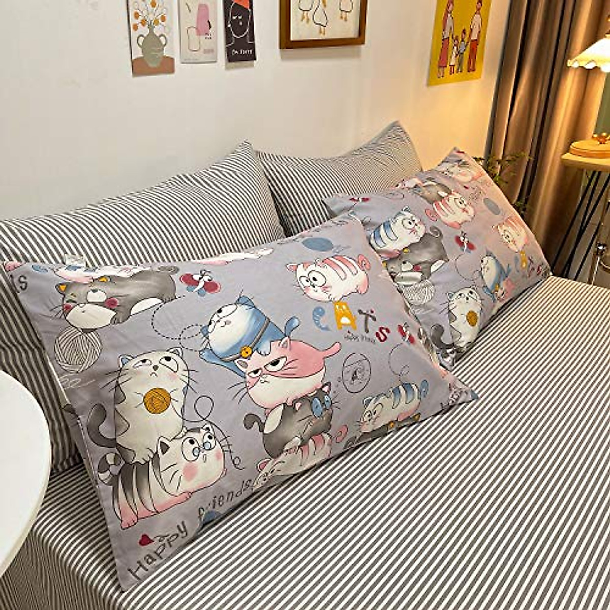 Animal Print Duvet Cover, 3 Pieces 100% Cotton Cat Bedding Set, Pink Gray Blue Cartoon Lovely Cat Pet Pattern Duvet Cover, with Zipper Ties, Luxury Ultra Soft Extremely Durable (Cat, Queen)