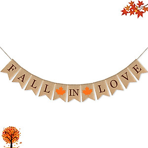 SWYOUN Burlap Fall in Love Banner with Maple Leaf Sign Fall Autumn Wedding Garland Supplies Engagement Bridal Shower Decoration